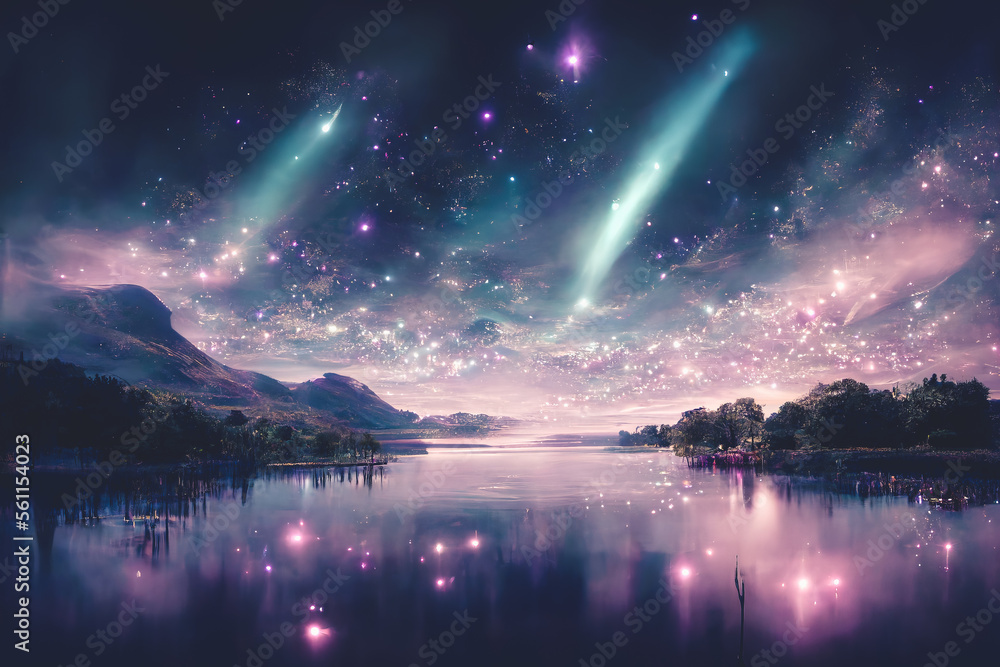 Starry night lake with bright star shine in the sky horizon reflecting ...