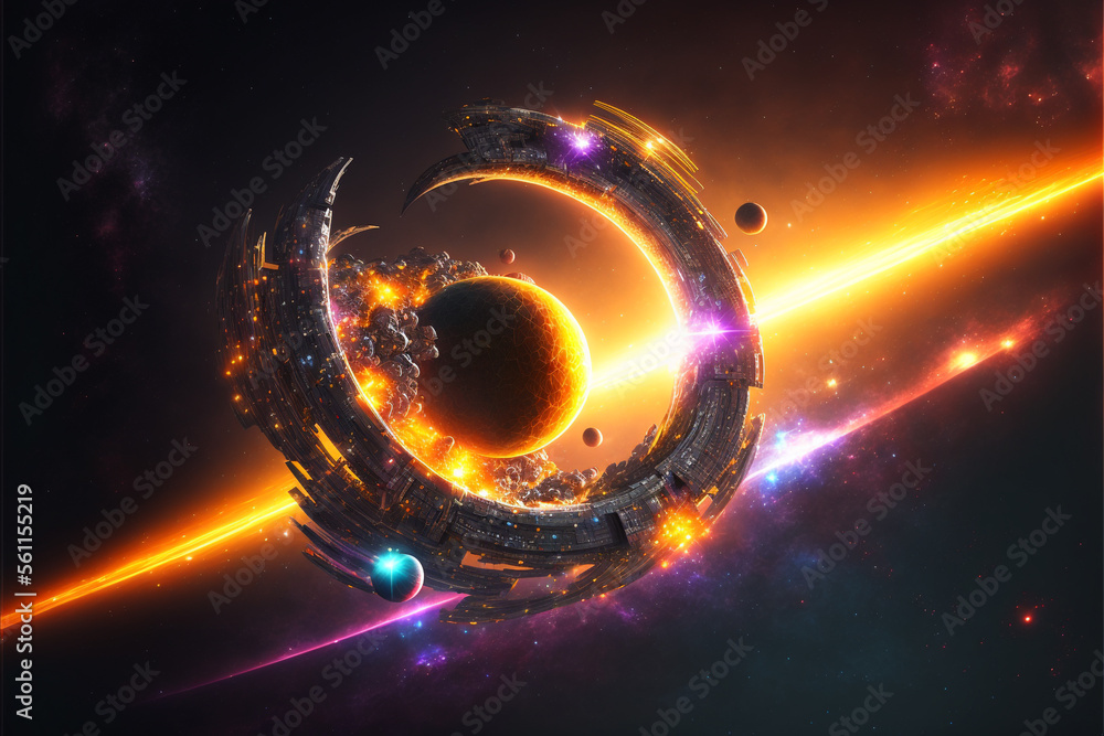 Futuristic Stargate Portal explosion, burst in a sparkle Cosmos Nebula ...