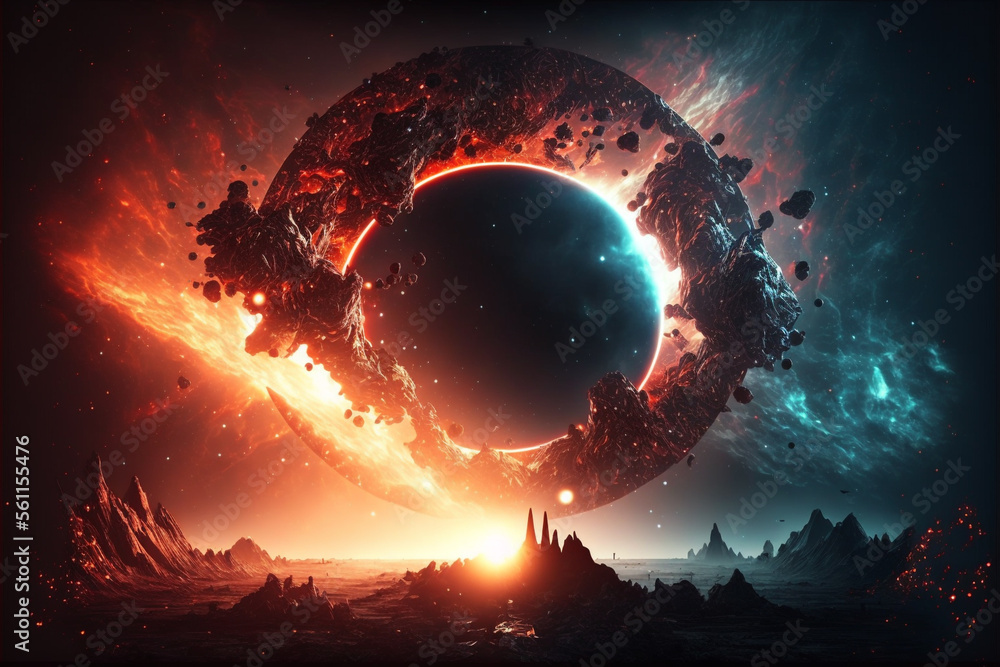 Futuristic Stargate Portal explosion in a planet, in a Cosmos Nebula ...