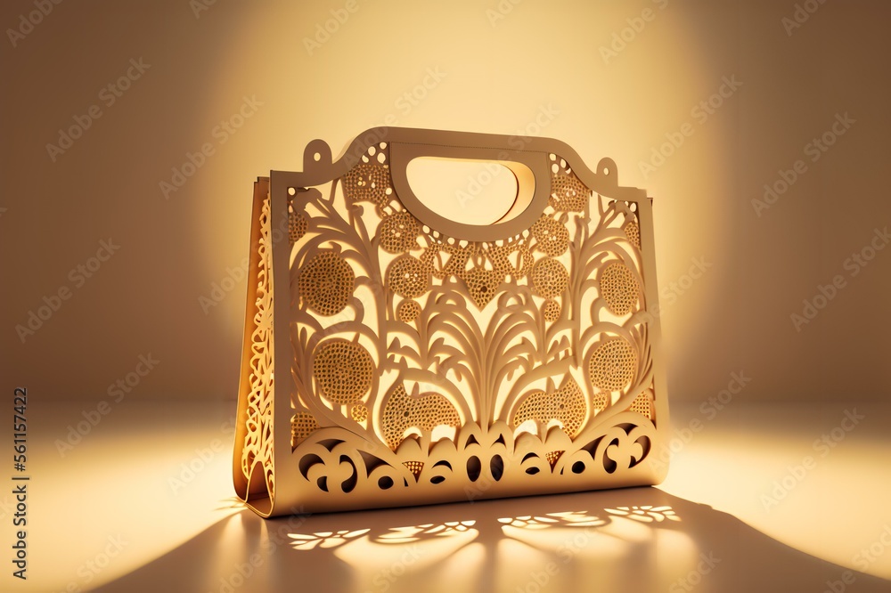 golden, 3D paper cut-out of a luxury purse on a cream background (AI ...