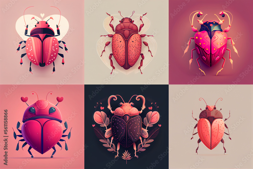Cute set of love bugs in pink and red tones created with generative AI ...