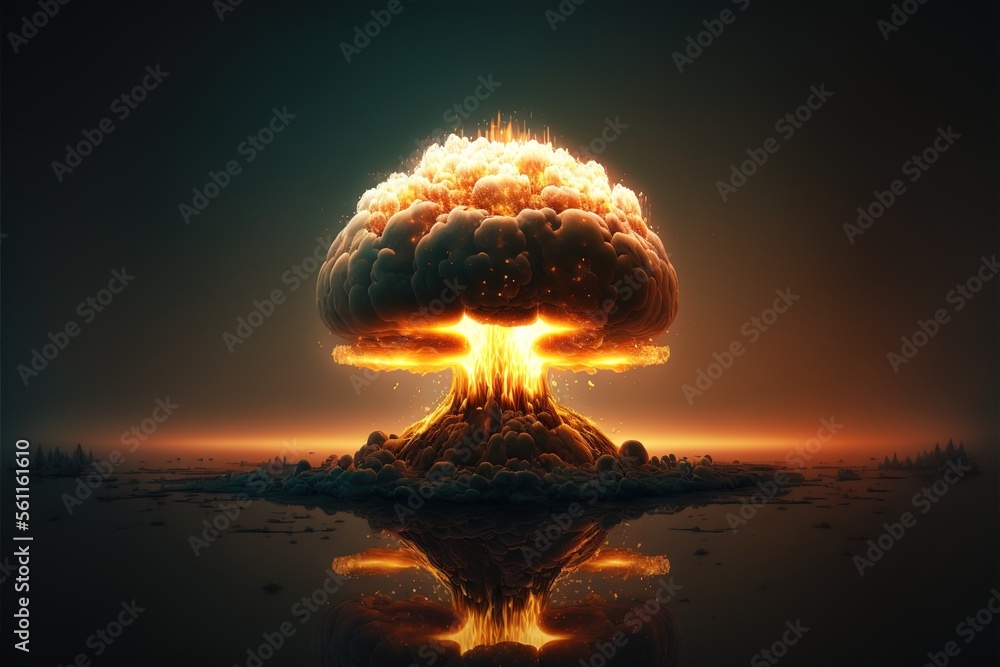 Futuristic nuclear explosion, future, war, neon colors, dark background ...