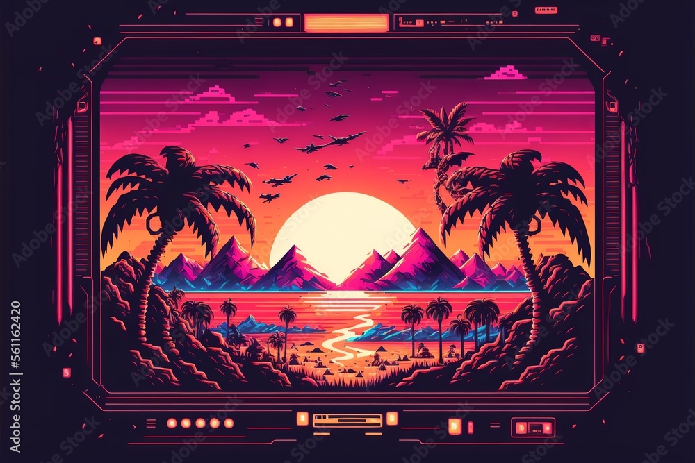 Old video game console with landscape in the background, 16 bit pixel ...