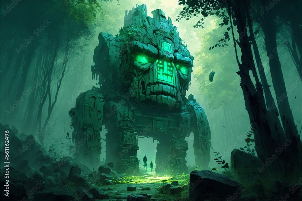 Giant stone golem in the middle in the forest, green fog. Generative AI ... Giant stone golem in the middle in the forest, green fog. Generative AI ...