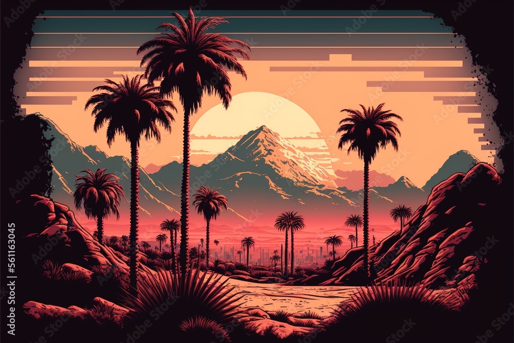Desert sunset landscape with palm trees and mountains, retro style, 80s ...