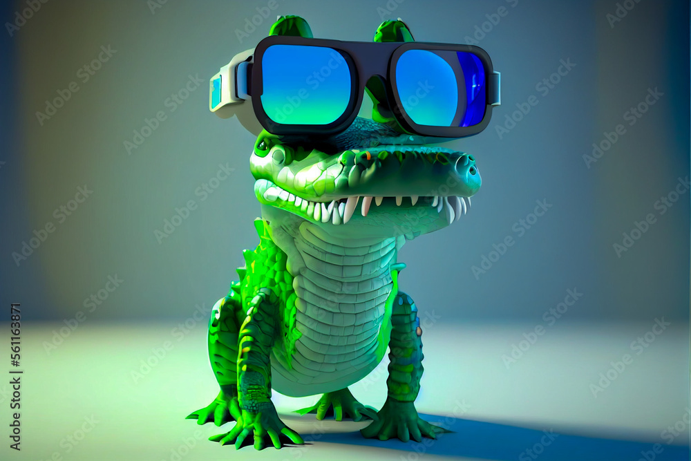3d crocodile character style nft collection with VR goggles immersed in ...