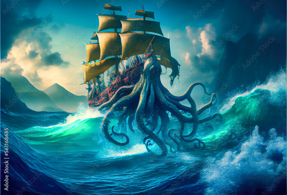 Giant octopus rises in front of a pirate ship. Ai Generated ...
