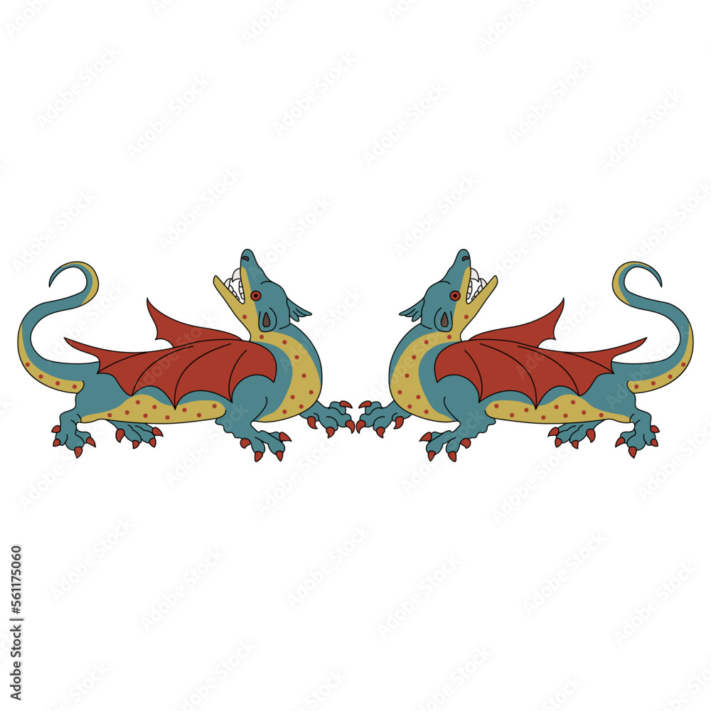 Symmetrical animal design with two fantastic winged medieval dragons ...
