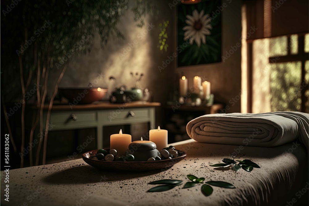 Serene Shot Of A Spa With A Massage Table Ideal For Wellness And 7946