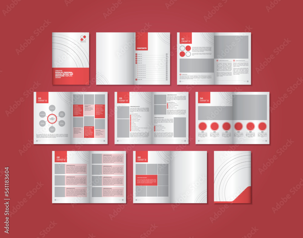 Multi-page design template layout with red theme color and has 14 pages ...