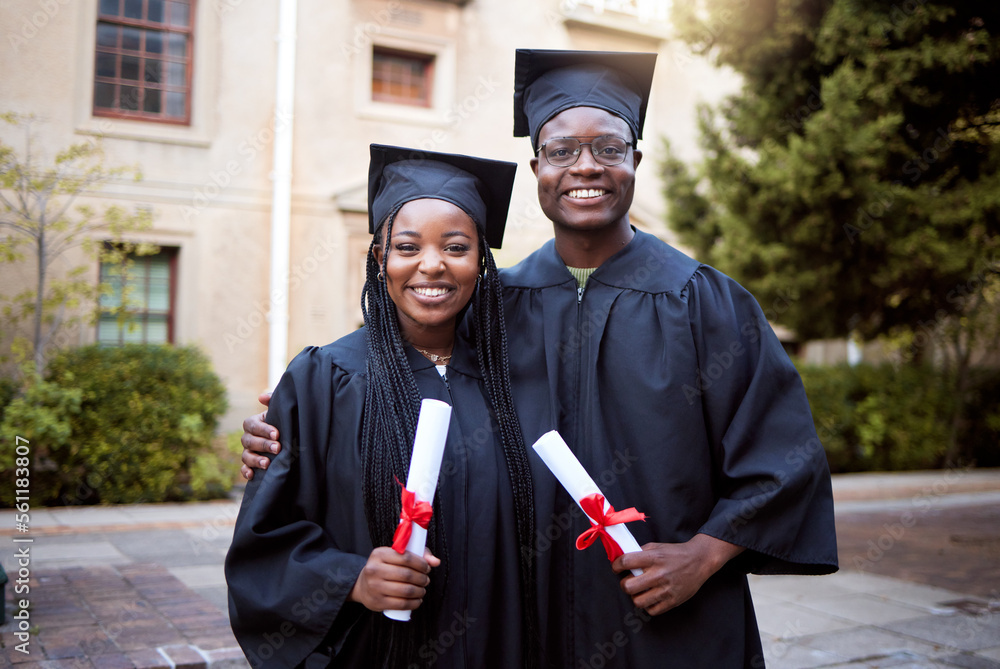 Black people, portrait or graduation diploma in school ceremony ...