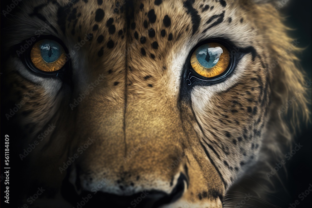 a cheetah with yellow eyes looks into the camera lens of the cameraman ...