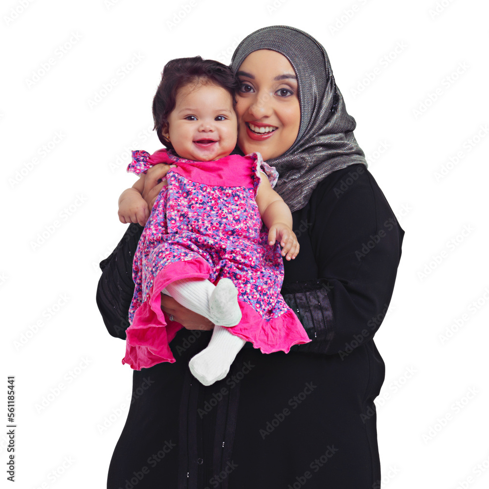 Islam, portrait of mother and baby girl, proud mama happy in hijab and ...