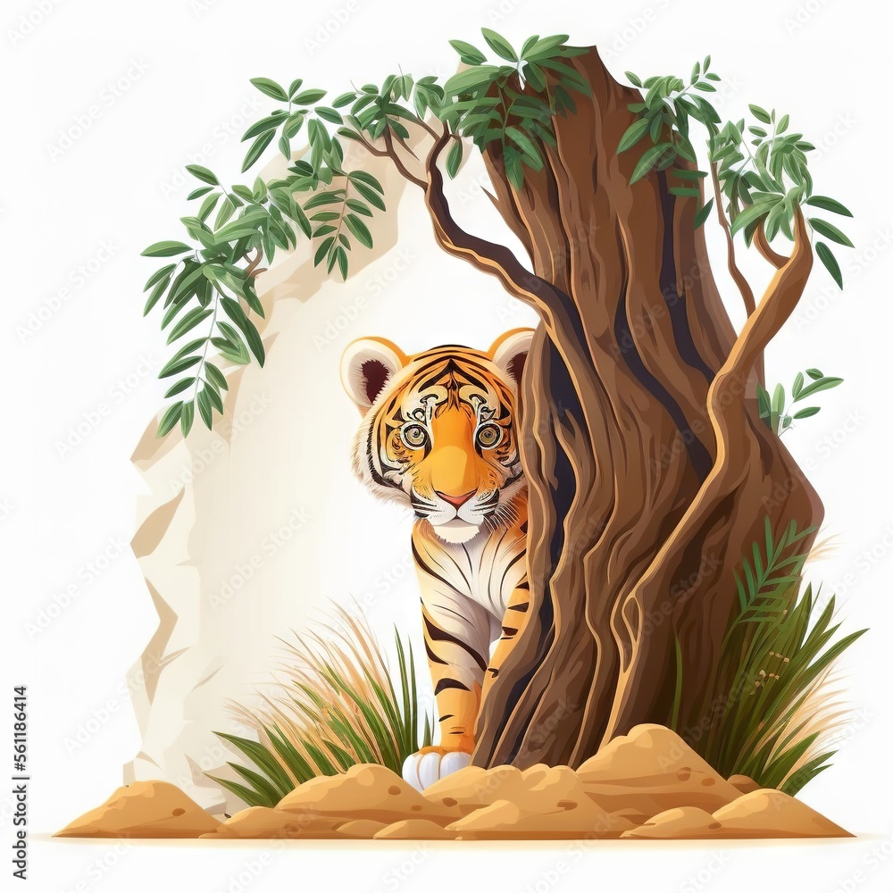 a tiger peeking out from behind a tree in a forest with a white ...