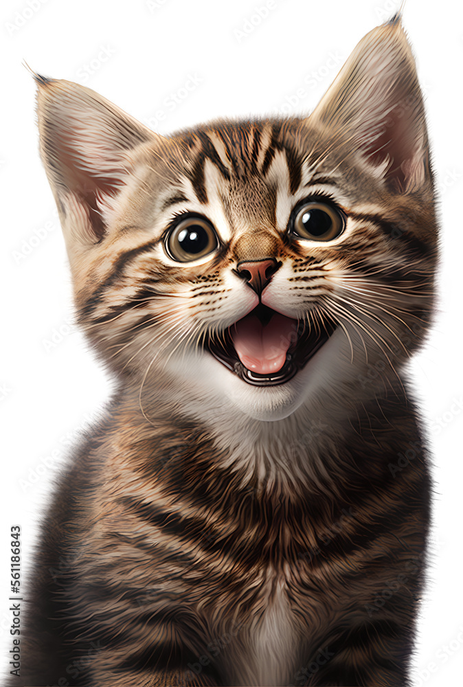 Cute smiling kitten with open mouth, illustration on transparent ...