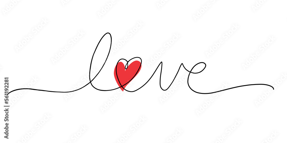 Hand written LOVE word continuous thin black line script and a red ...
