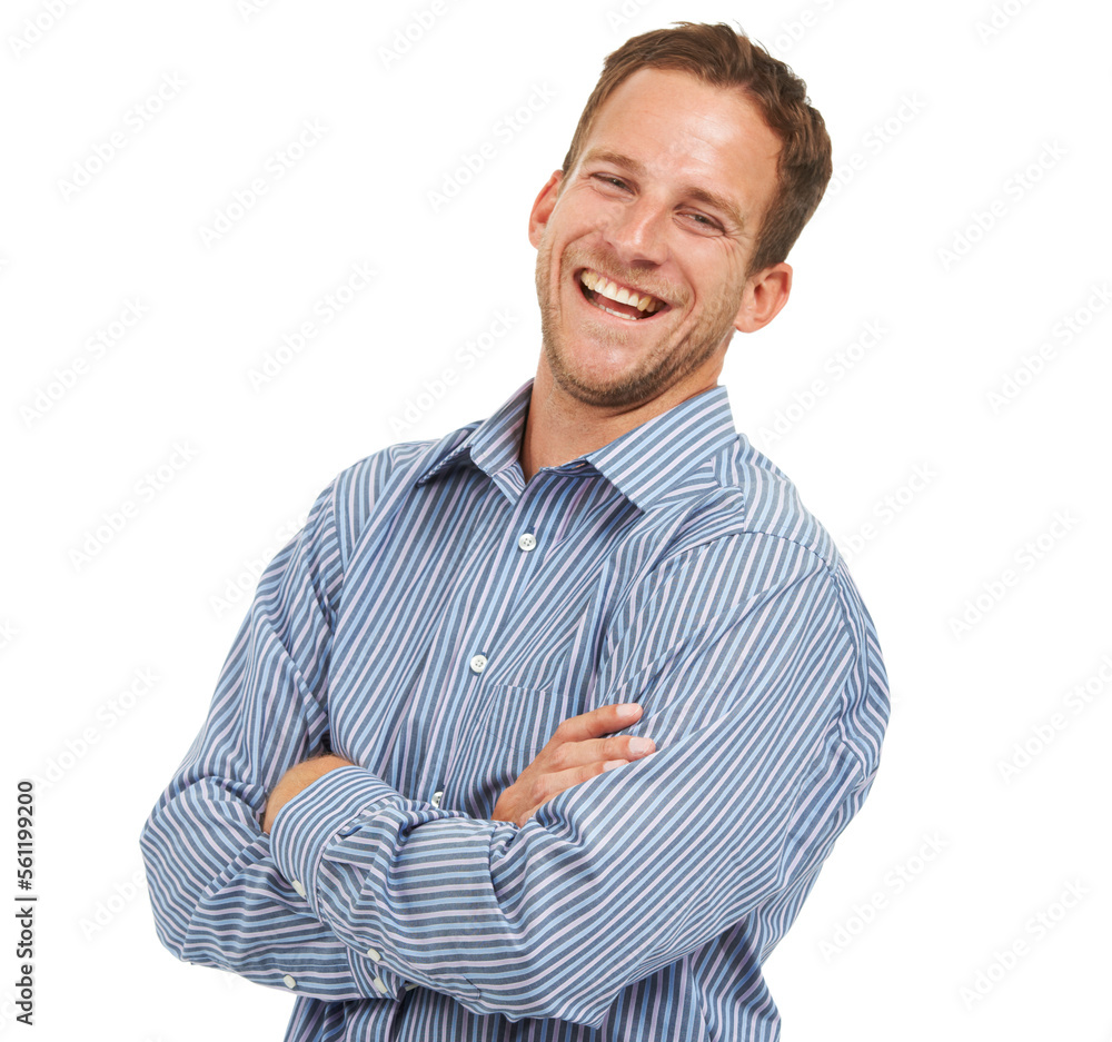 Portrait, laughing businessman and leader with white background, vision ...