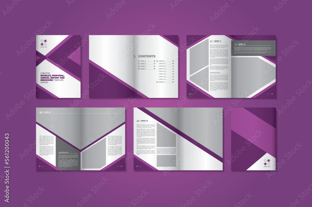 Multi-page design template layout with purple theme color and has 8 ...