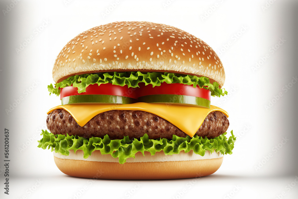 Classic cheeseburger on a white background with a beef patty, pickles ...