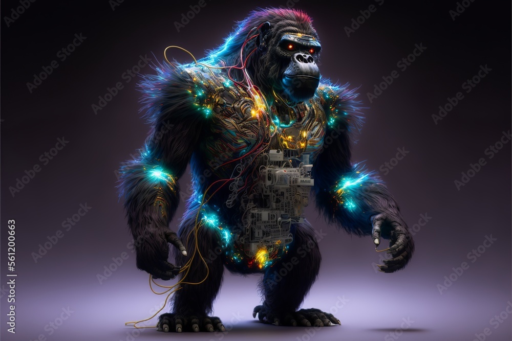 Wild animals with wires and lightning on their bodies, on a black ...