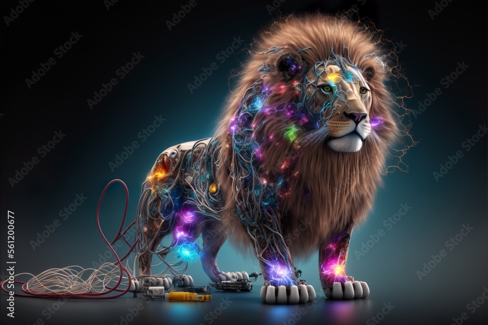 Wild animals with wires and lightning on their bodies, on a black ...
