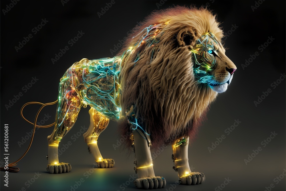 Wild animals with wires and lightning on their bodies, on a black ...