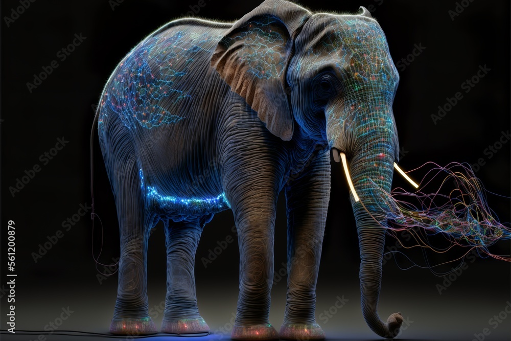 Wild animals with wires and lightning on their bodies, on a black ...