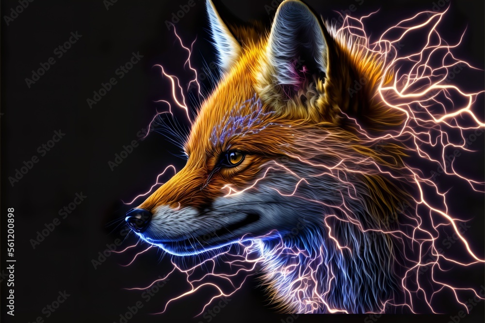 Wild animals with wires and lightning on their bodies, on a black ...