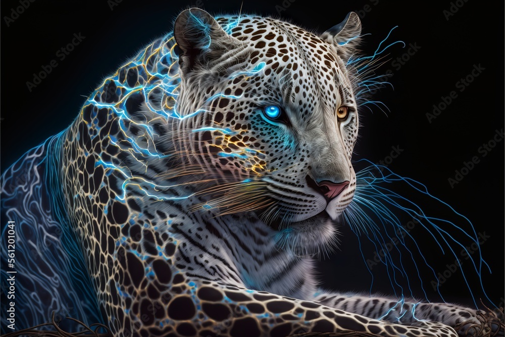 Wild animals with wires and lightning on their bodies, on a black ...