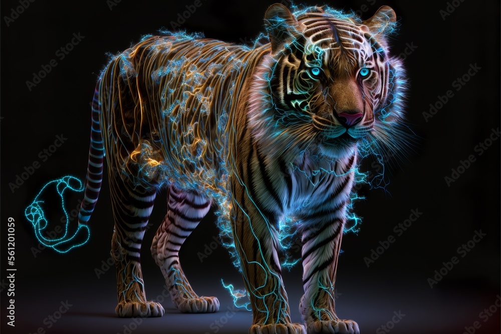 Wild animals with wires and lightning on their bodies, on a black ...
