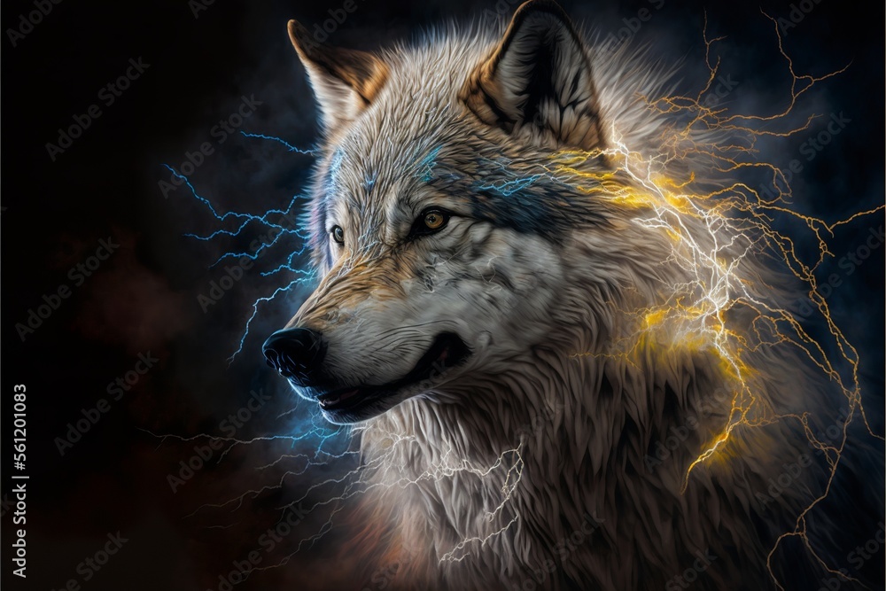 Wild animals with wires and lightning on their bodies, on a black ...