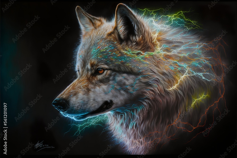 Wild animals with wires and lightning on their bodies, on a black ...