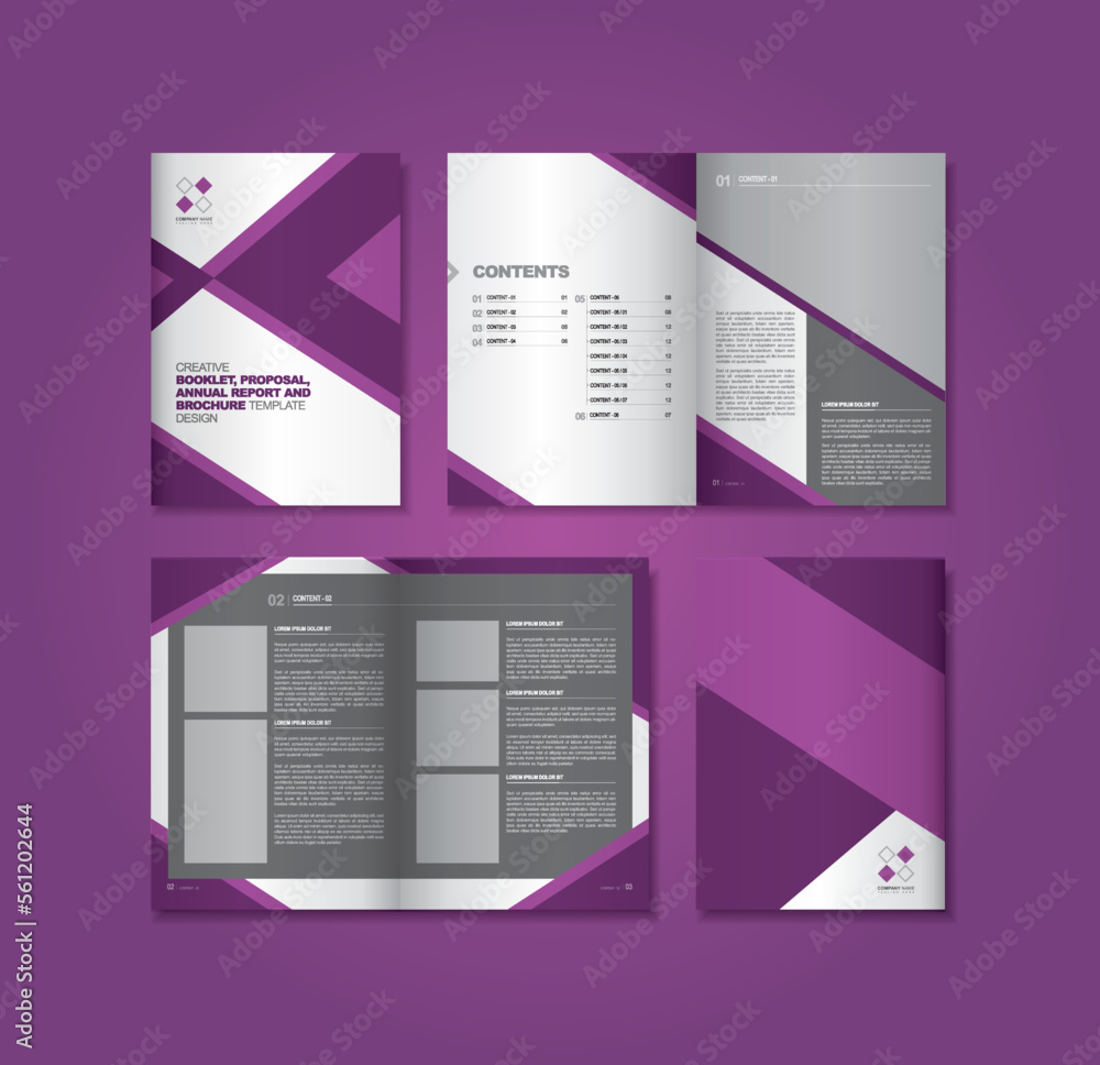 Multi-page design template layout with purple theme color and has 4 ...