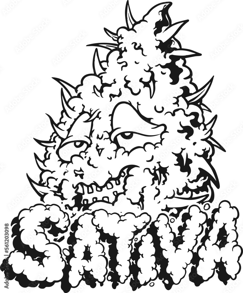 Marijuana bud leaf monster hand lettering sativa word outline Vector ...