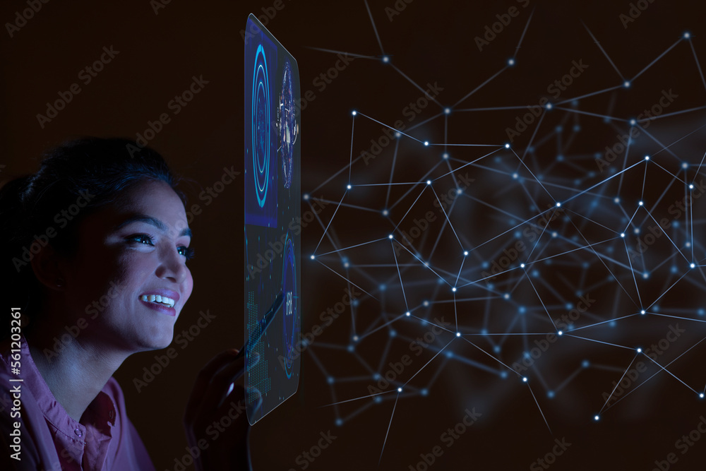 Businesswoman working with icons on virtual screen Stock Photo | Adobe ...