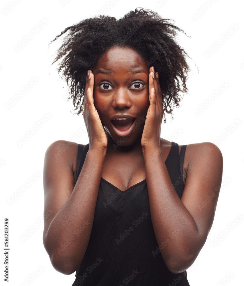 Surprise, wow and portrait of black woman in studio on white background ...