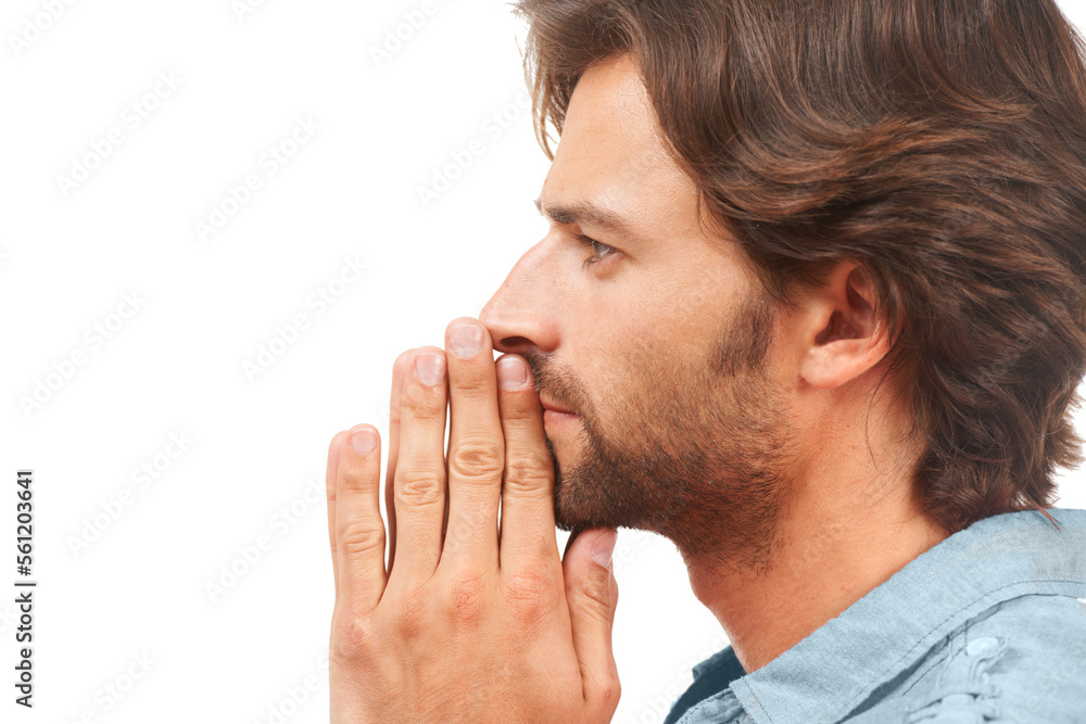 Thinking, doubt and mockup with a man in studio isolated on a white ...