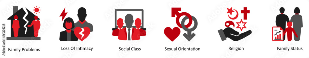 Six mix icons in red and black as family problems, loss of intimacy ...