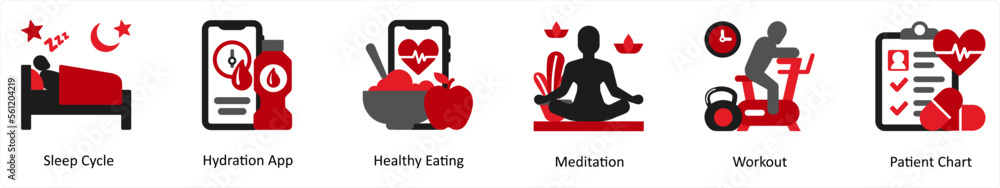 Six mix icons in red and black as sleep cycle, hydration app, healthy ...