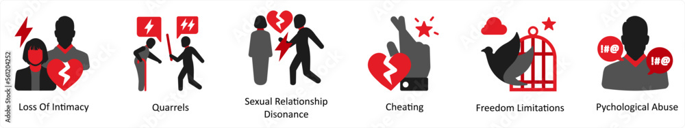 Six mix icons in red and black as loss of intimacy, quarells, sexual ...