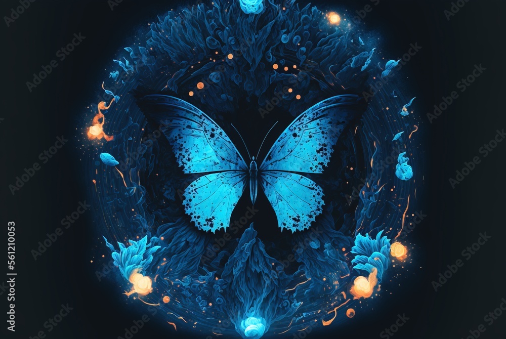 Divine azure blue butterfly, enchanting magical fire surrounds its ...