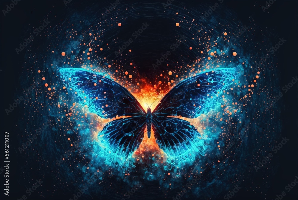 Divine azure blue butterfly, enchanting magical fire surrounds its ...