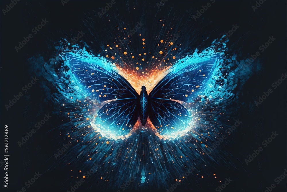 Divine azure blue butterfly, enchanting magical fire surrounds its ...
