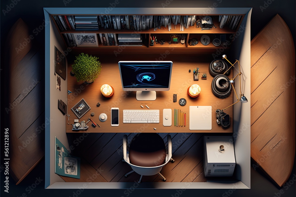 top view 3d workspace, desk, Made by AI,Artificial intelligence Stock ...