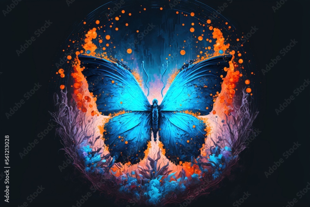 Divine azure blue butterfly, enchanting magical fire surrounds its ...