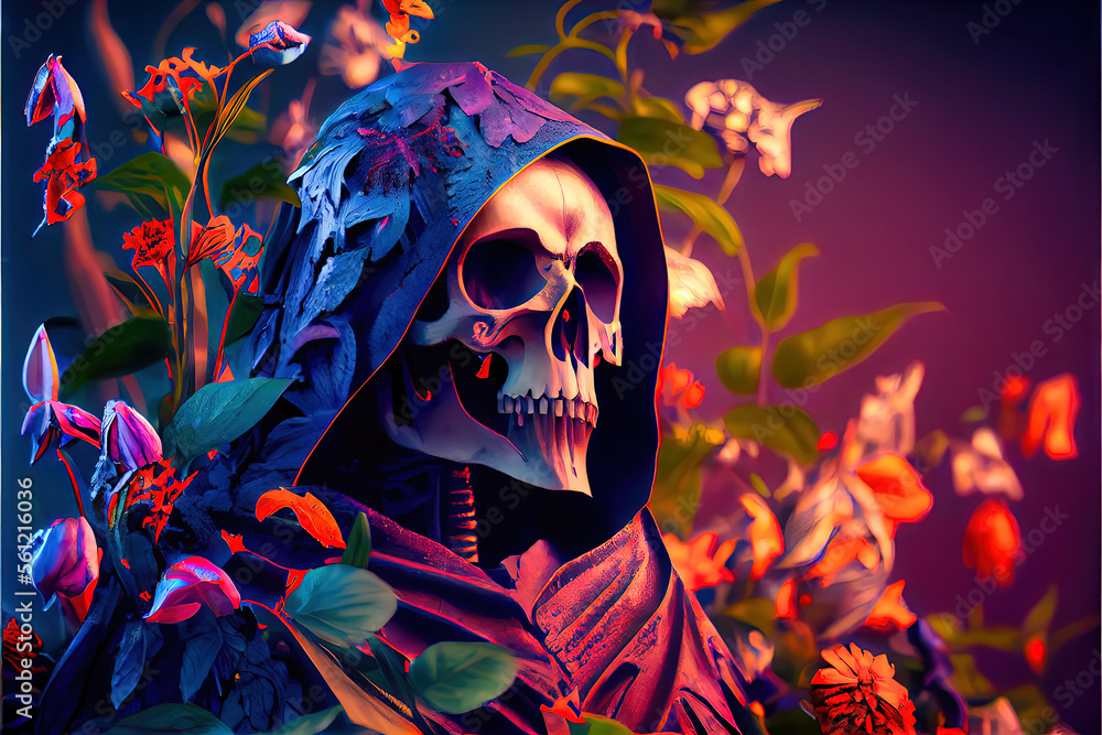 Calavera Grim Reaper - Floral sugar skull grim reaper with 3D shading created by Generative AI ...
