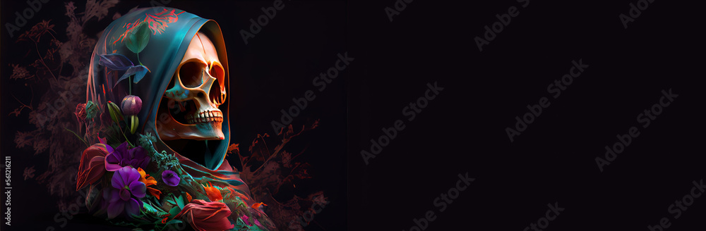 Very wide Grim Reaper banner. Floral death with pitch black banner ...