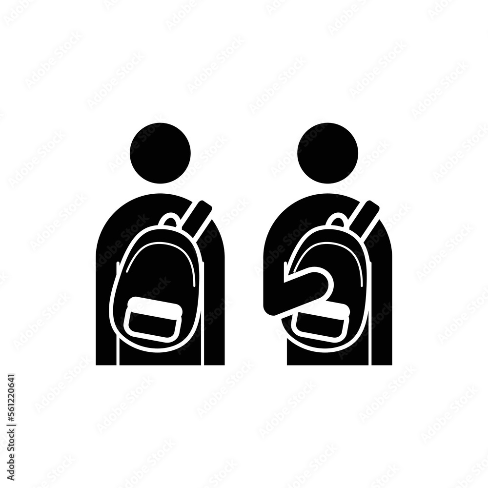 Character man carrying backpack on front icon set. Caution museum ...