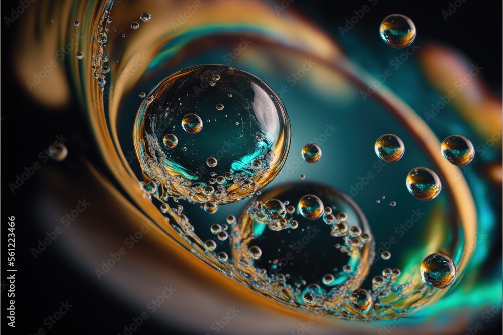a group of bubbles floating in a blue and green liquid filled with ...