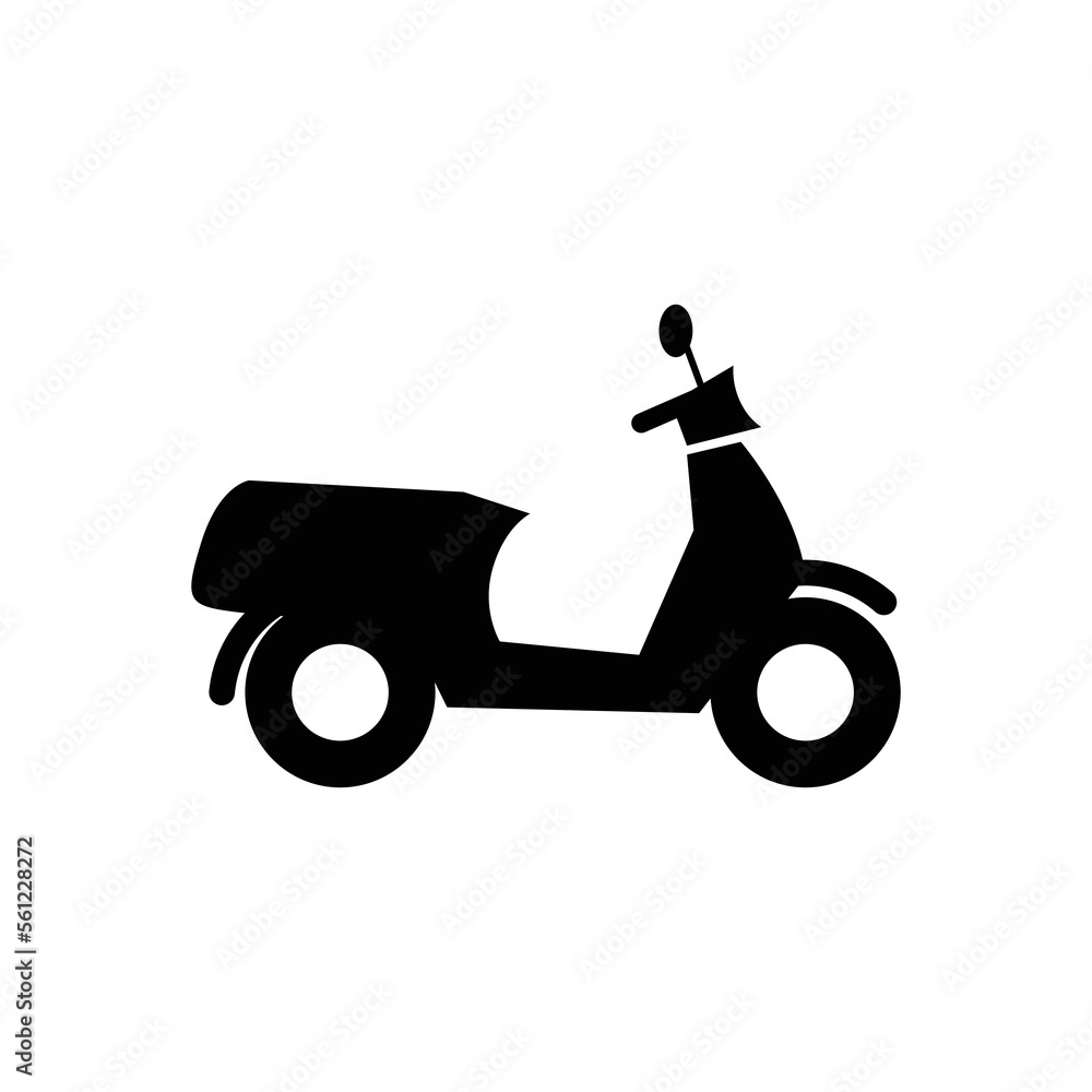 Motorized scooter or moped simple side view vector icon symbol. Driving ...